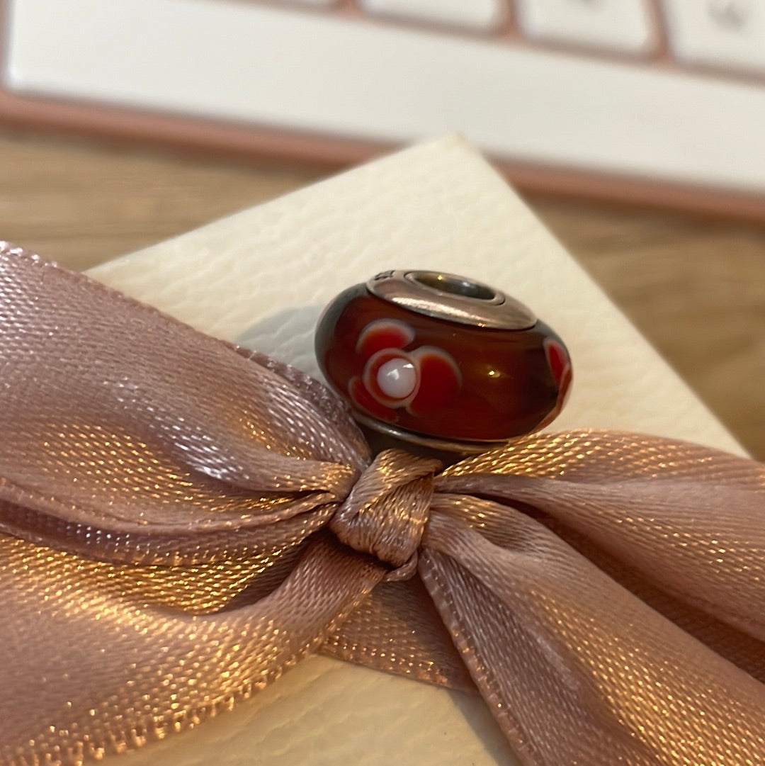 Genuine Pandora Dark Red Brown Murano Glass Charm with Red Flowers ...