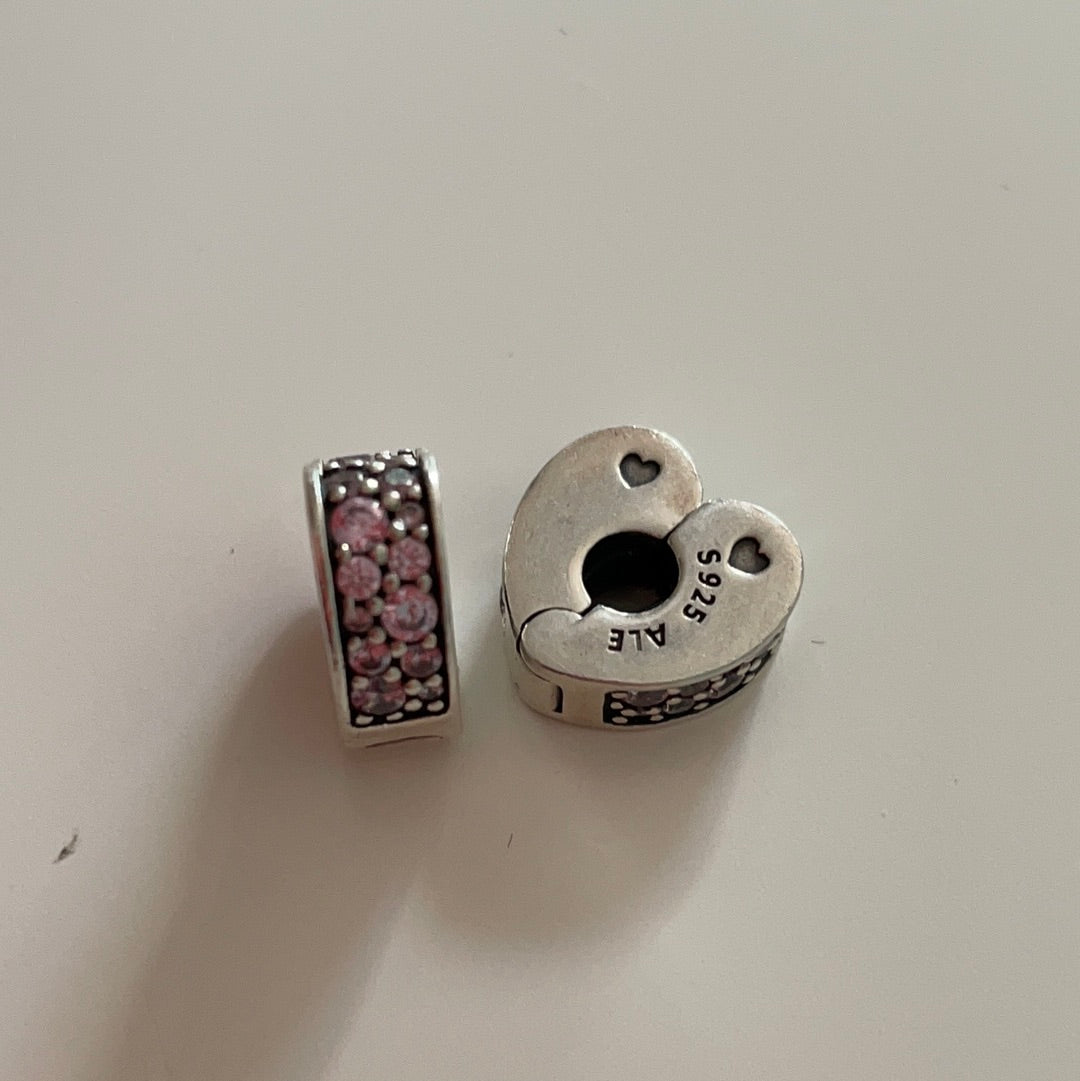 Genuine Pandora Pave Pink Heart Shaped Clips With Silicone Insert Vari ...